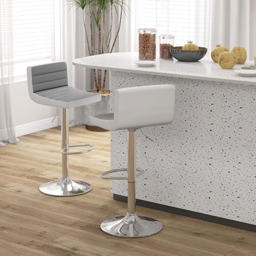 COSTWAY Adjustable Bar Stools Set of 4, Modern Swivel PU Leather Bar Chairs with Back, Footrest, Counter Height Upholstered Barstools for Kitchen Island Dining Living Room Bistro Pub Cafe, Grey+White