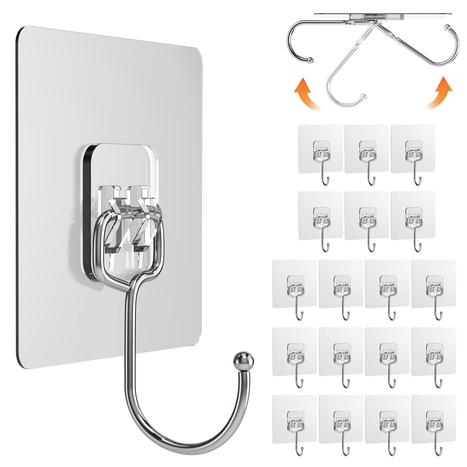 Eirnvop 20 Pack Large Adhesive Hooks for Hanging, Sticky Wall Hooks Heavy Duty 22Ibs (Max), Strong Adhesive Clear Hooks, Removable, Waterproof and Rustproof Multiple Uses for Bathroom Kitchen Home