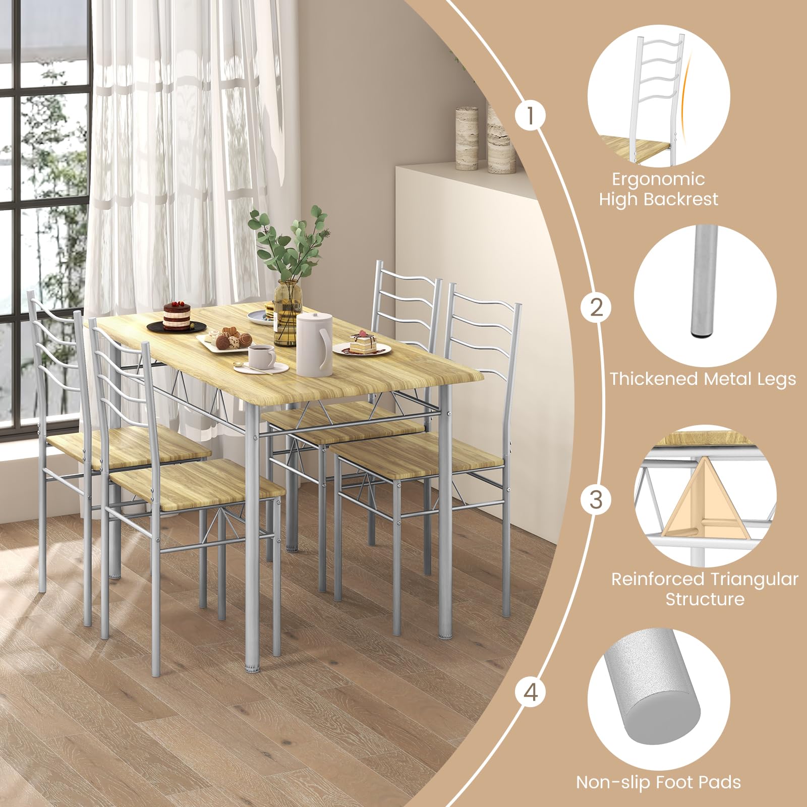 COSTWAY Kitchen Table Chairs Set of 4, 5 Piece Metal Rectangular Dinette Set w/Non-Slip Pad, Space-Saving Design, Modern Dining Room Table Set for Small Place Breakfast Nook Restaurant (Walnut)