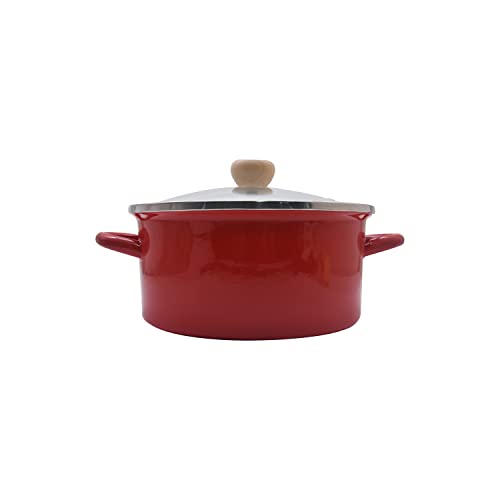 Enamel Saucepan with Glass Lids, 4 Quart Multipurpose Stockpot with Lid, Sauce Pot, Cooking Pot with Double Handles, Stew Pot, Simmering Pot, Soup Pot (4 QT, Red)