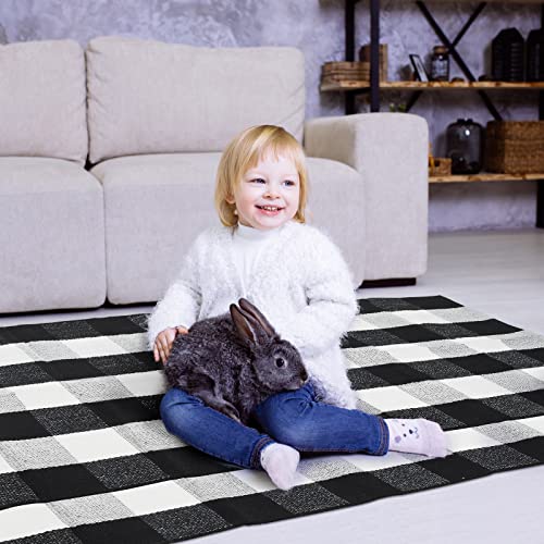 LulusVente Buffalo Plaid Outdoor Rug – 3’x5’ Machine Washable 3.5lbs Hotel Grade Thick Woven Yarn Black White Plaid Checkered Farmhouse Cotton for Indoor/Outdoor Front Porch Runner Layered Doormat