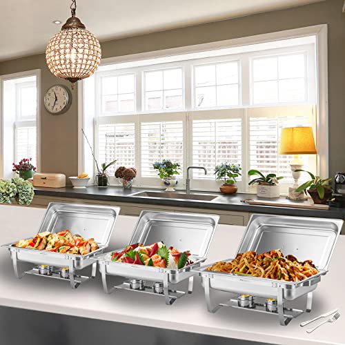 Perossia 3 Packs Chafing Dish Buffet Set Stainless Steel Food Warmer with 8QT 3 Full Size Pans Portable for Parties Catering Buffet Servers and Warmers