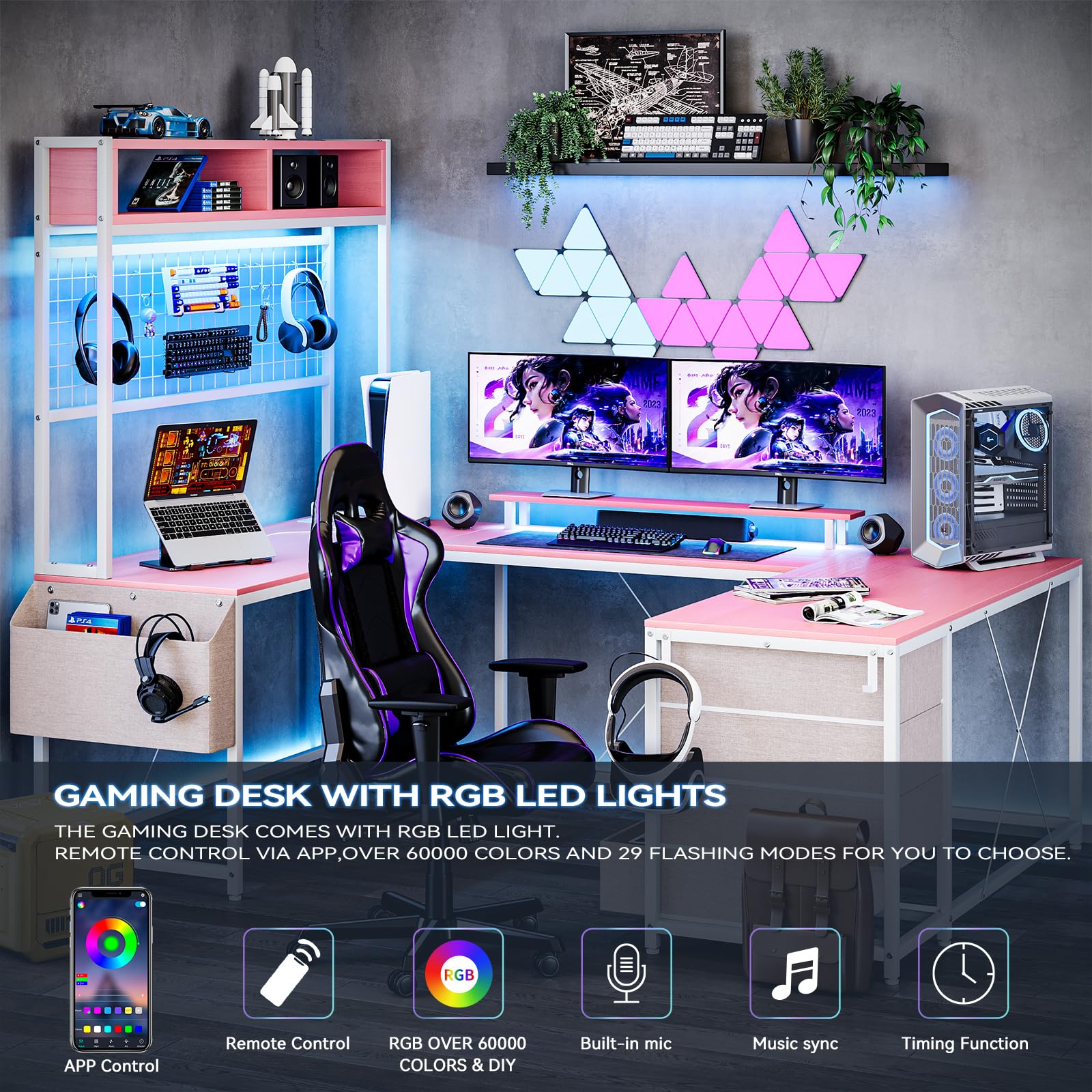 Harmobitat U Shaped Computer Desk with Monitor Stand and LED Lights, Computer Gaming Desk with Storage Shelves, Large U- Shape Desk with Power Outlets, Corner Office Desk with 4 Drawers, Pink