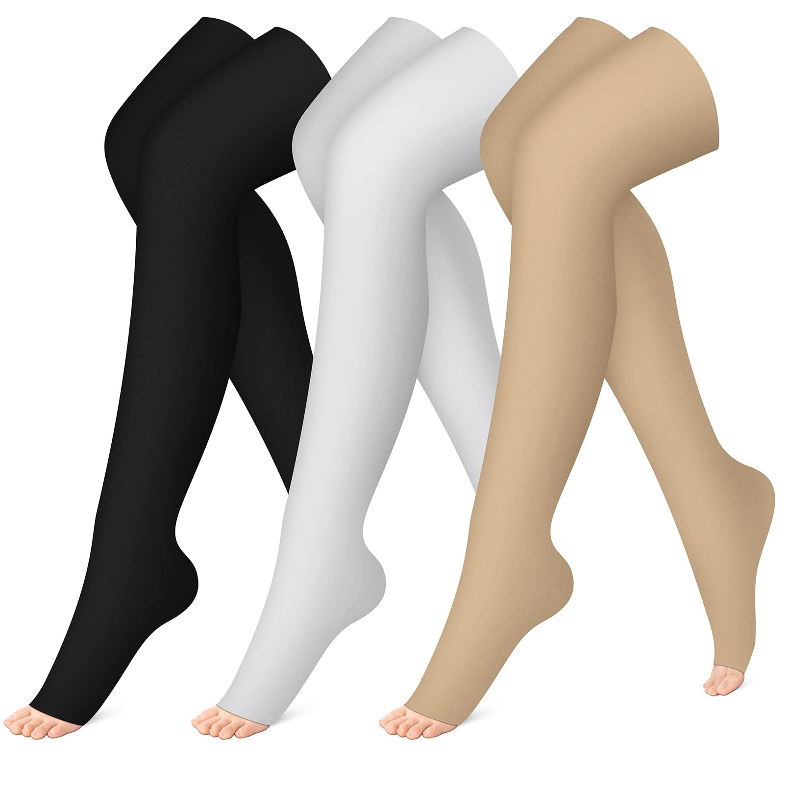 CHARMKING Compression Socks (3 Pairs) Open Toe Knee High Compression Sock for Women & Men Stockings for Running, Cycling,Athletic (02 Black/White/Beige, S/M)