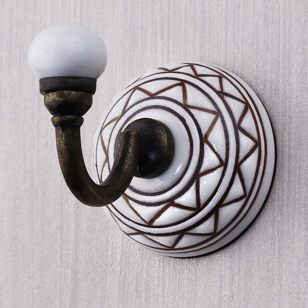 IndianShelf 1 Pieces Brass White Round Decorative Coat Hooks Kitchen Unique Ceramic Wall Hooks for Hanging Towel Hook Farmhouse Backpack Purse Hanger Heavy Duty Entryway Shower Robe Holder Hat Rack