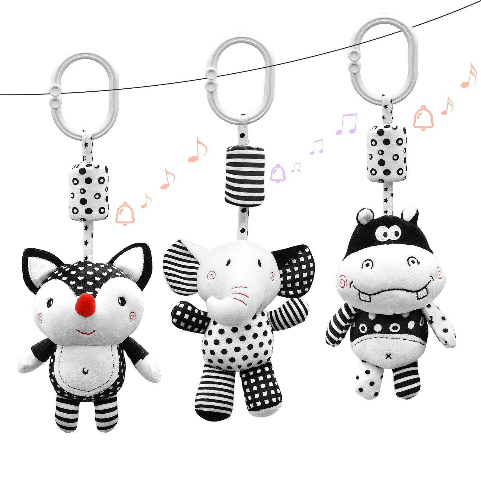 XIXILAND Hanging Rattles Toys White & Black Stroller Toy, Newborn Toys Infant Toys Crib Toys, Soft Plush for Stroller Car Seat Crib with Wind Chimes, Best Baby Gift for 0,3,6,9,12,18 Months
