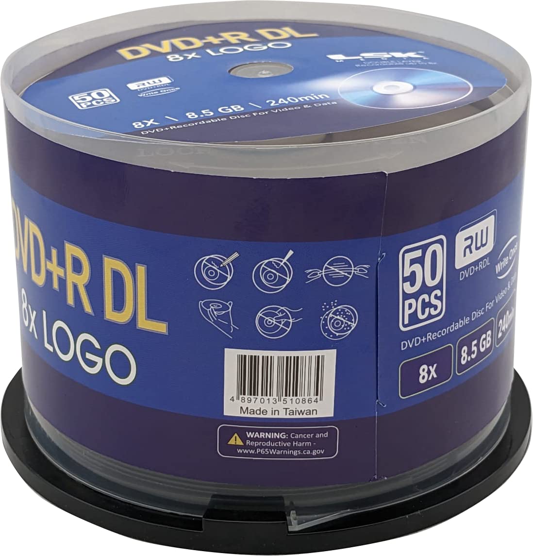 DVD+R DL Double Layer Logo 8X 8.5GB 240min Video β LSK Media Logo Top, 50 Pack in Spindle | Blank DVDs for Burning Video | DVD Discs Blank | Recordable DVDs