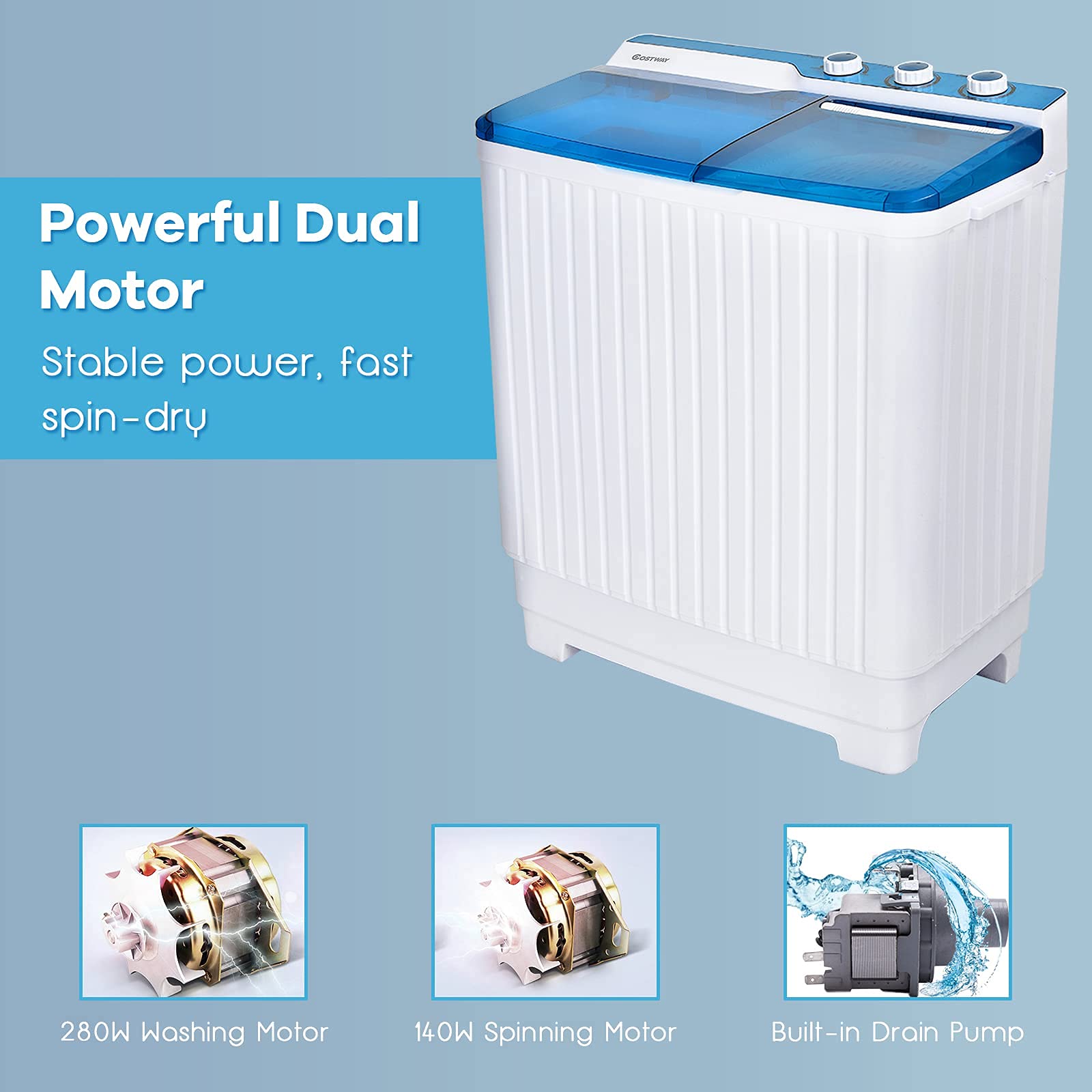 COSTWAY Portable Washing Machine, Twin Tub 28.5Lbs Capacity, Washer(20Lbs) and Spinner(8.5Lbs), Laundry Machine with Control Knobs, Timer Function, Drain Pump, Compact washer for Apartment, RV (Blue)