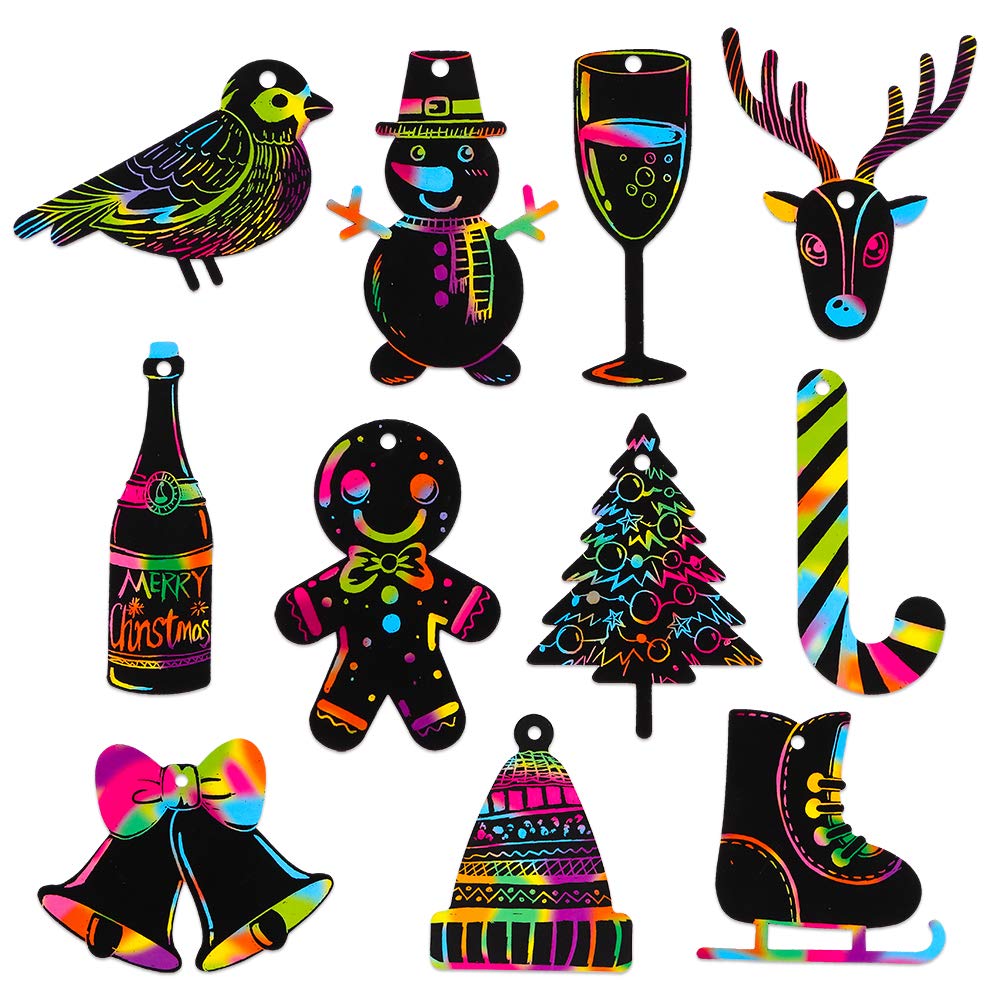 XJF Christmas Scratch Paper Ornaments, 22pcs Christmas Scratch Art Paper for Kids Toddlers Party and Xmas Tree Decoration Gift Tags Supplies