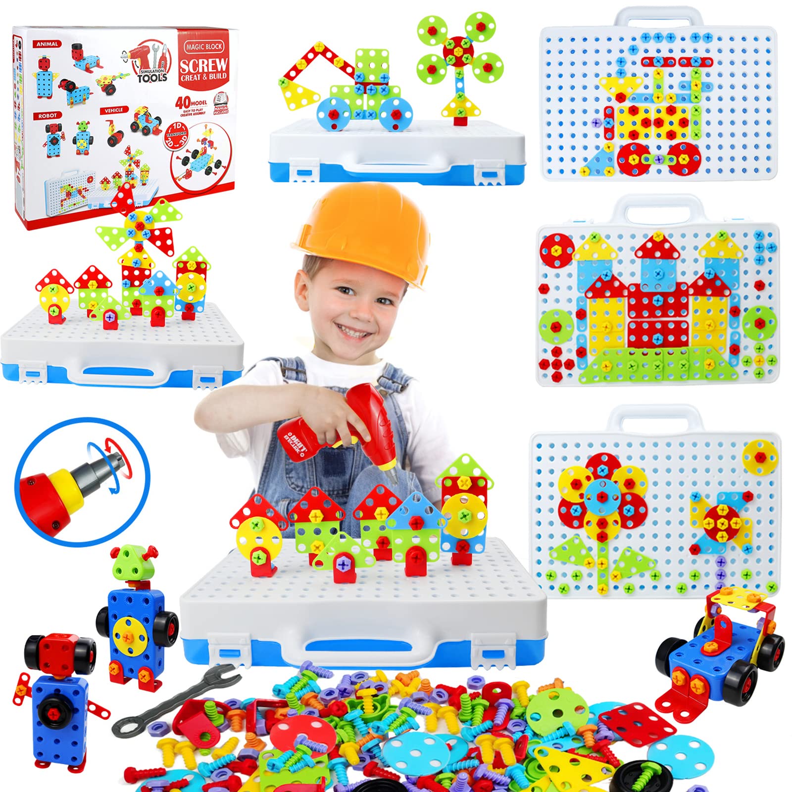 STEM Toys 232 Pcs Drill Set Building Blocks, DIY Educational Construction Engineering Toys, Creative Mosaic Electric Drill Set Gift for Age 3-8 Years Old Boys Kids, Girls