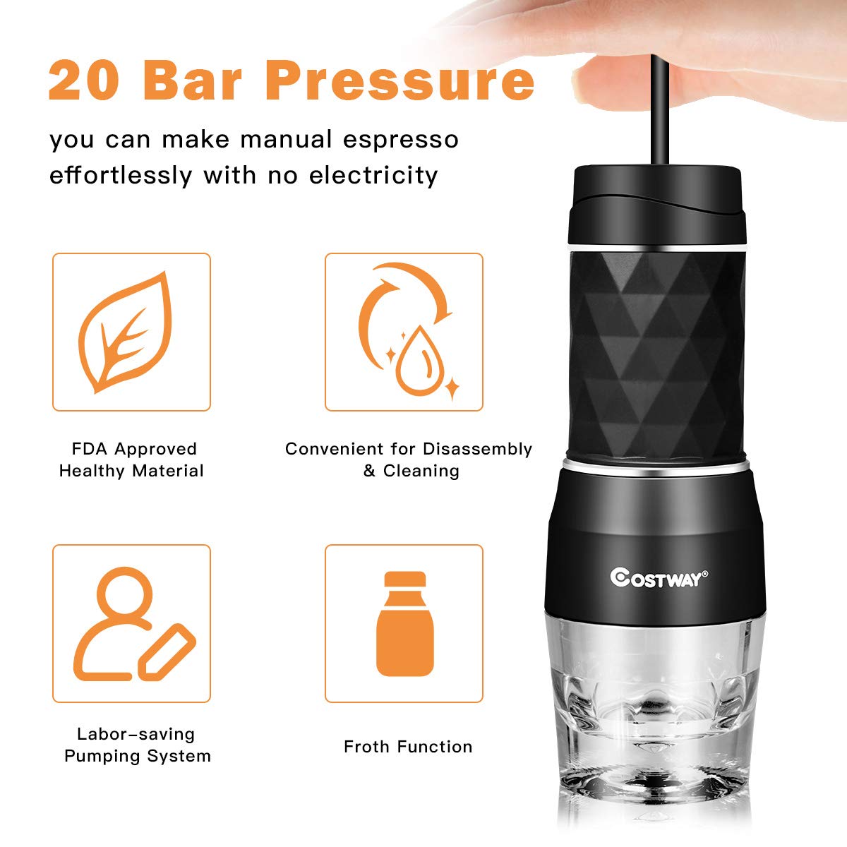 COSTWAY Manual Espresso Machine, 2-in-1 Portable Coffee Maker 20 Bar Pressure for Capsule and ground coffee