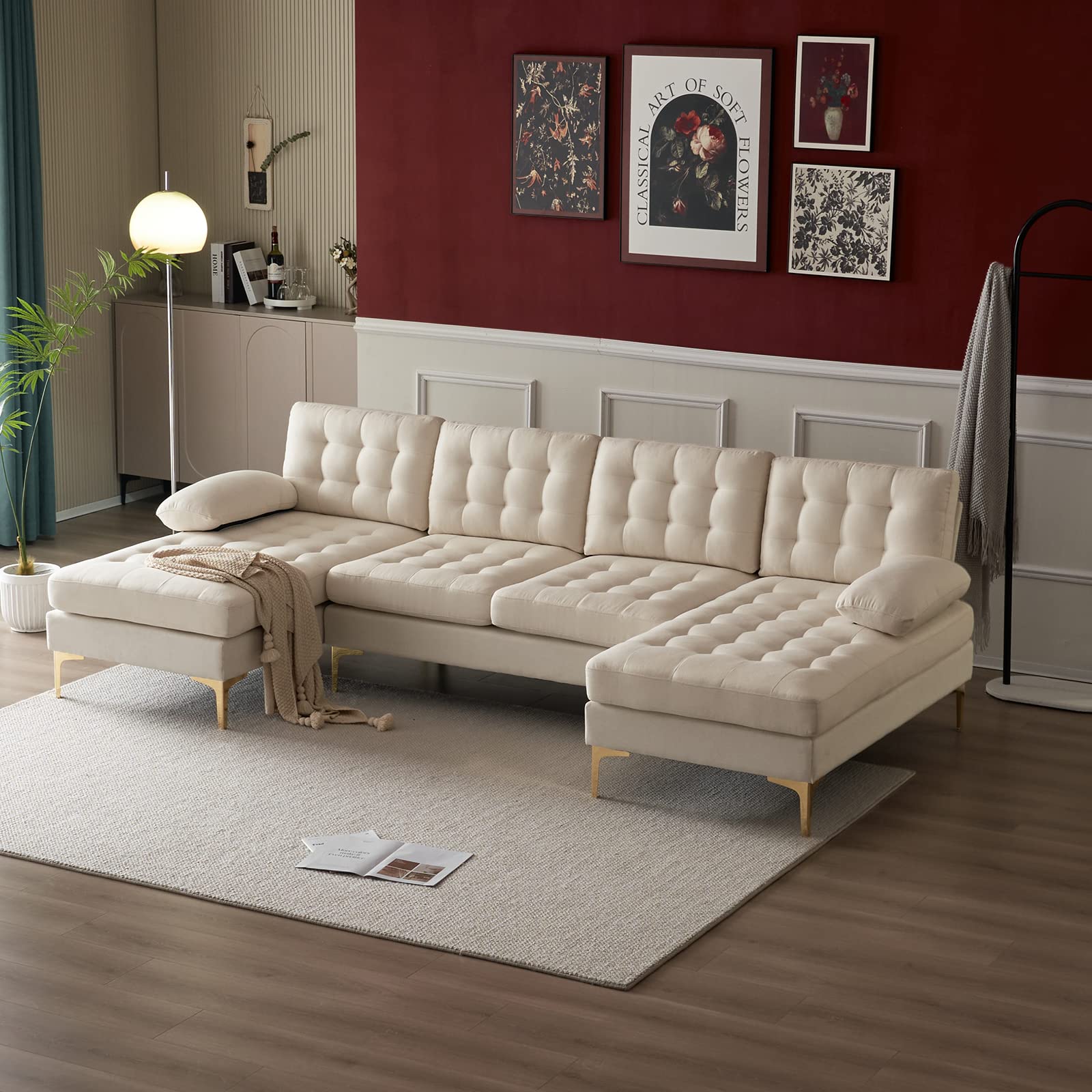 Imseigo 110" Modern Large Reversible Sectional Sofa,Modular Living Room U-Shape 4-Seater Couch with Linen Fabric for Small Space,with Extra Wide Chaise Lounge (Linen Fabric, Lattice Creamy White)