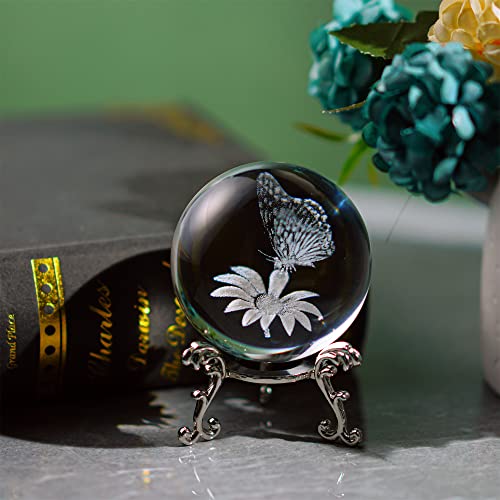 HDCRYSTALGIFTS 3D Laser Crystal Butterfly Flower Figurine Crystal Decorative Ball Paperweight with Silver-Plated Flowering Stand Glass Sphere Home Decor Gift (60mm,2.4inch)