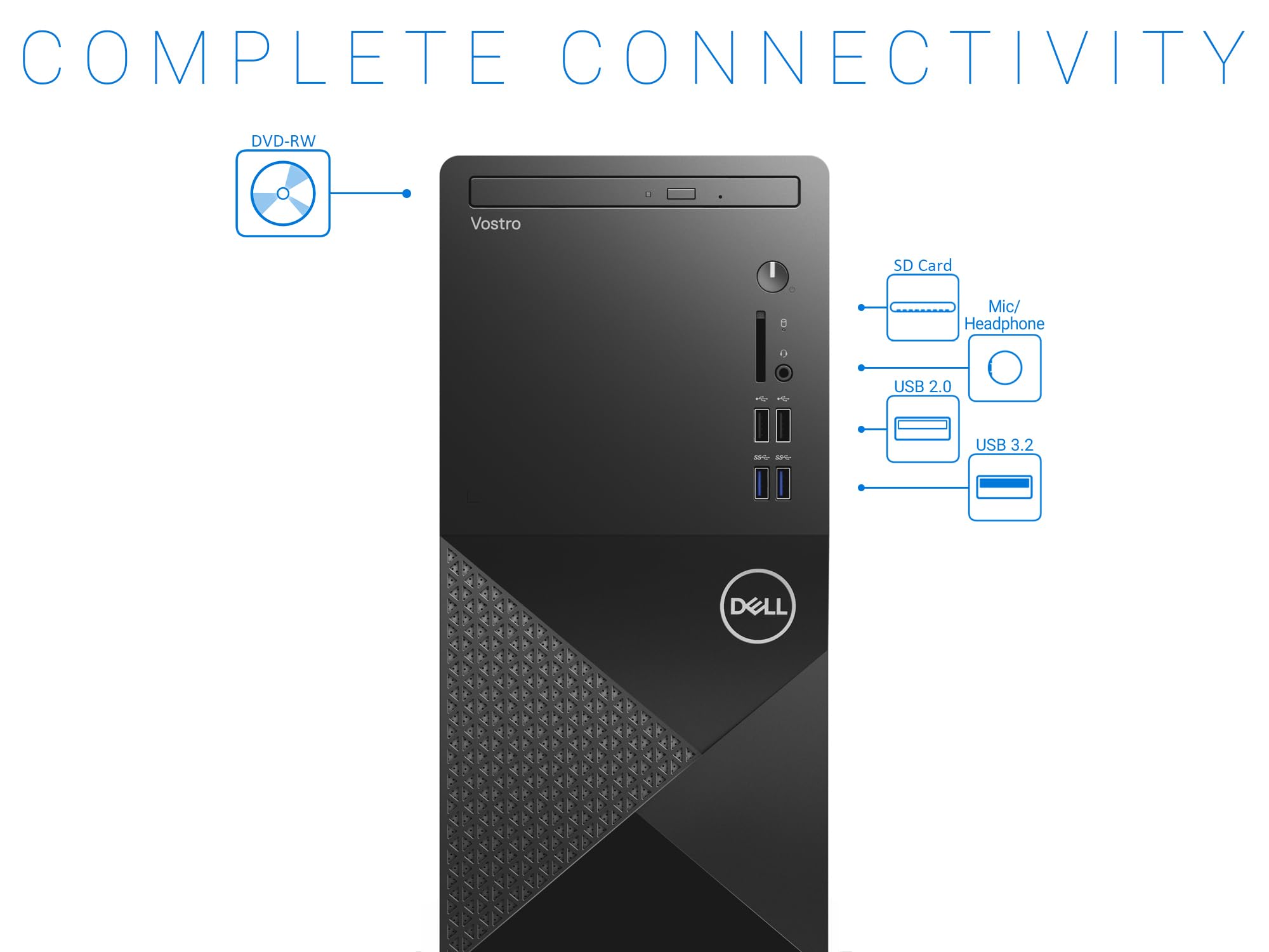 Dell Vostro 3888 Full Size Tower Business Desktop Computer, Intel Octa-Core i7-10700, 32GB DDR4 RAM, 2TB PCIe SSD + 1TB HDD, DVDRW, 802.11AC WiFi, Bluetooth, Keyboard and Mouse, Windows 11 Pro