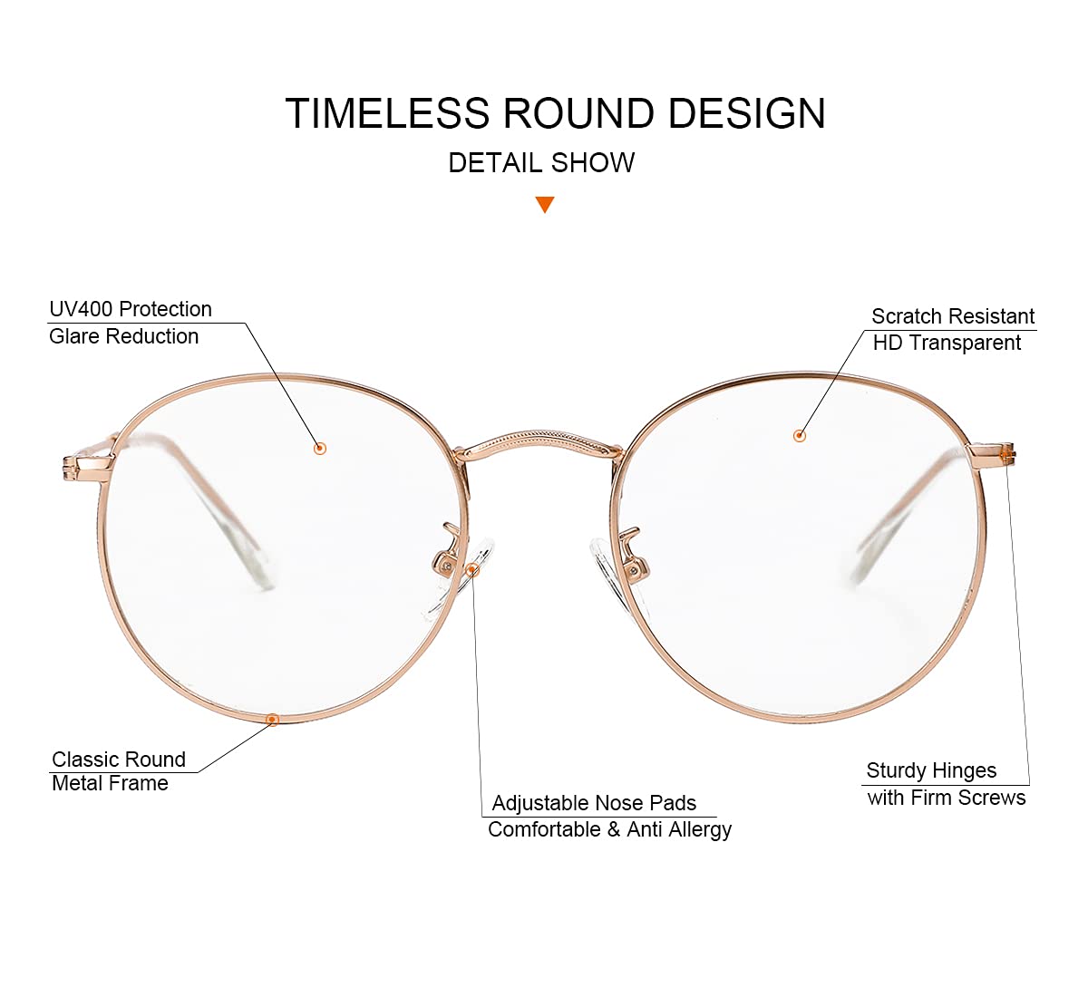 Clear Glasses for Women Men, Classic Round Metal Frame Clear Lens Fake Glasses (Gold)