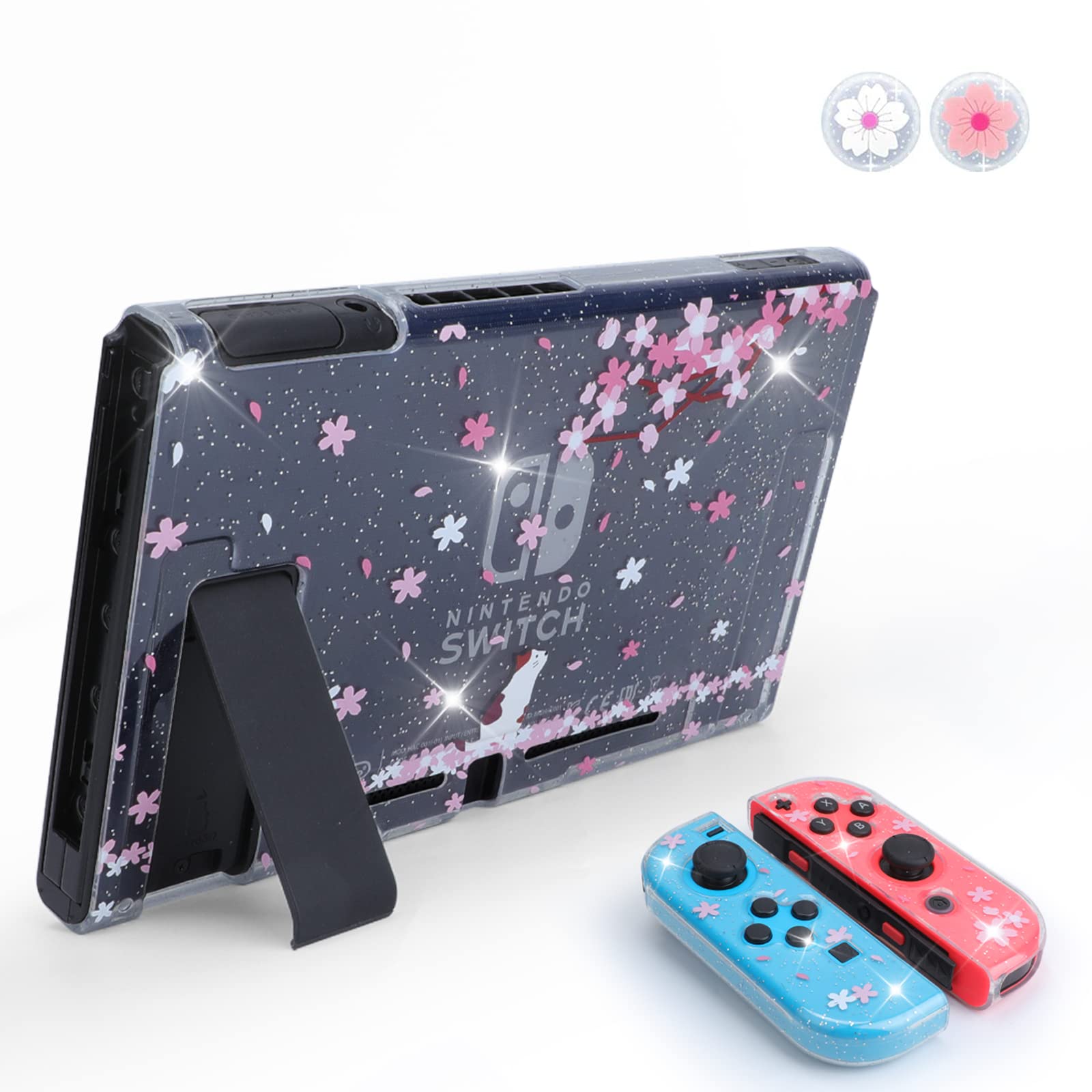 Clear Glitter Case for Switch, Cute Dockable Protective Case for Girls Women, Soft TPU Cover with Cherry Blossoms Thumb Grips Compatible with Nintendo Switch and JoyCon Controller - Pink Sakura Cat