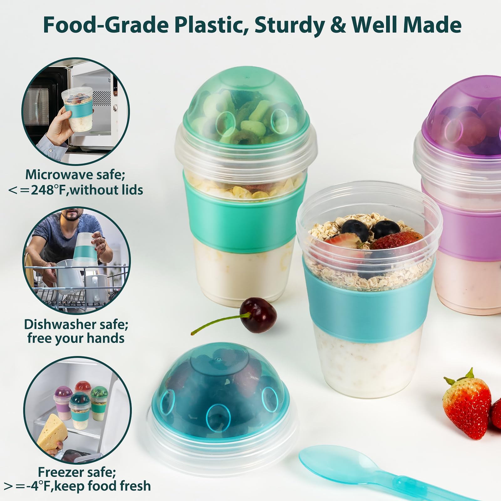 Freshmage® Yogurt Parfait Cups with Lids, 2 Pack 20 oz Reusable Overnight Oats Containers with Lids, Topping Compartment & Spoon to Go for Breakfast Meal Prep, Portable & Lightweight (Purple&Pink)