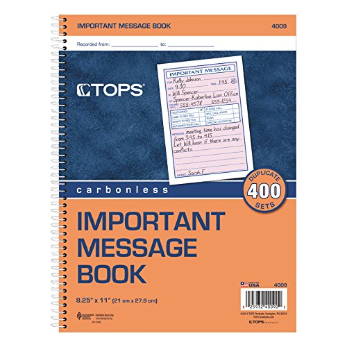 TOPS Phone Message Book, Spiral Bound, 2-Part, Carbonless, White and Canary, 4 Messages per Page, 400 Sets (4009)