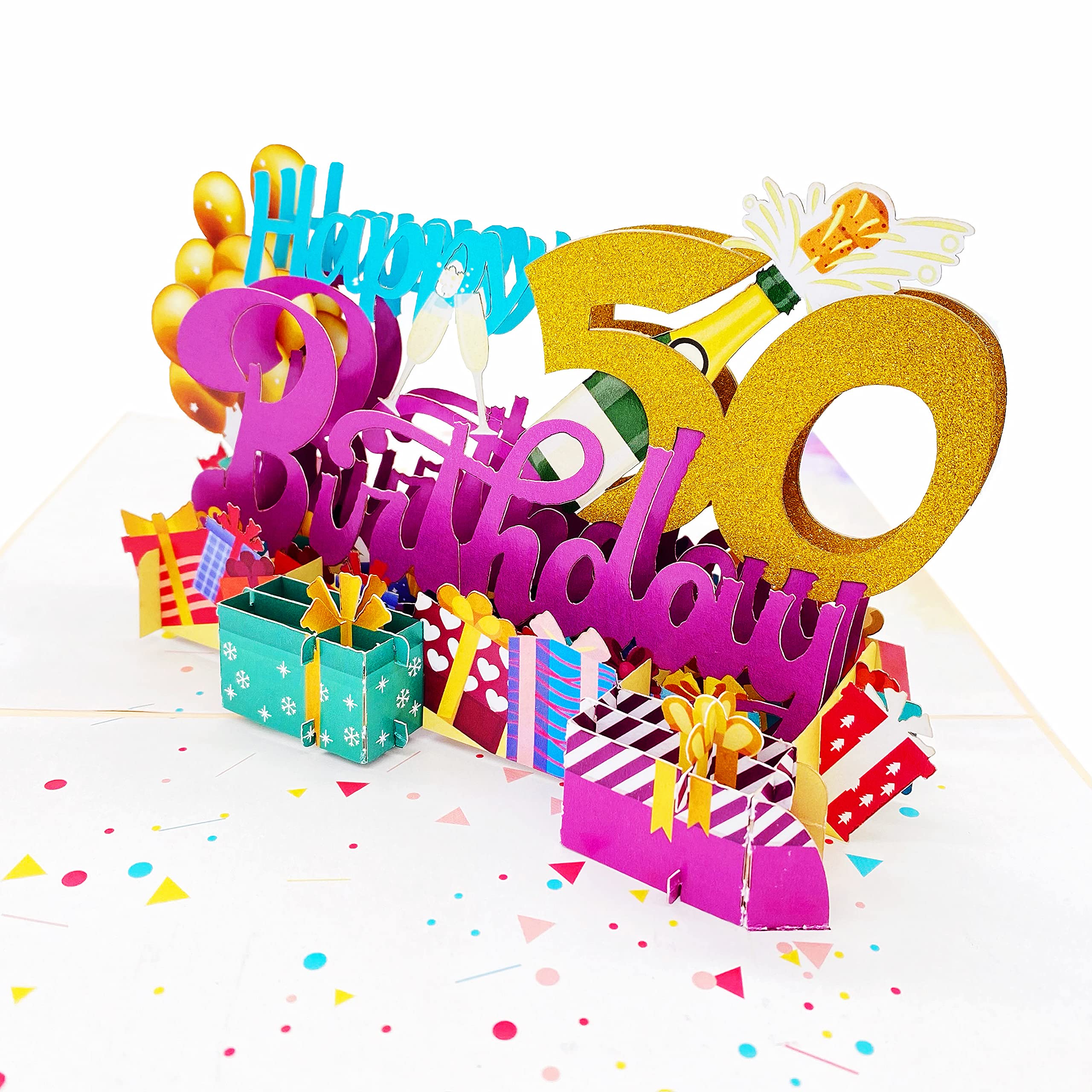 Liif 50th Birthday 3D Greeting Pop Up Card, Happy 50th Birthday Card For Women, Men, Husband - Balloon, Champagne, Funny, Fifty, Celebration| With Message Note & Envelop | Size 8" X 6"