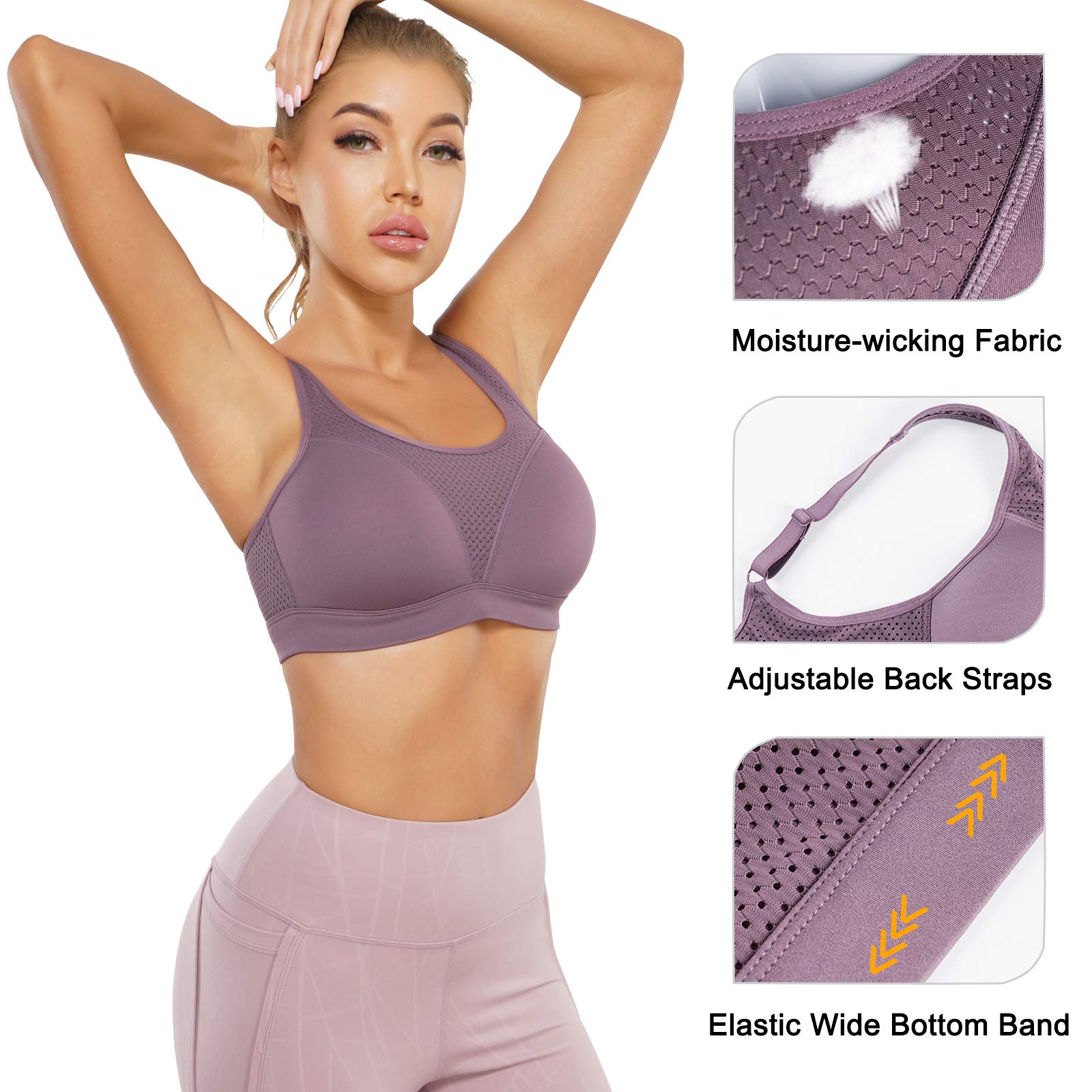 CYDREAM Women Sports Bra High Impact Full Support Bounce Control Adjustable Straps Hooks Wireless Workout Fitness (3X-Large, Purple)