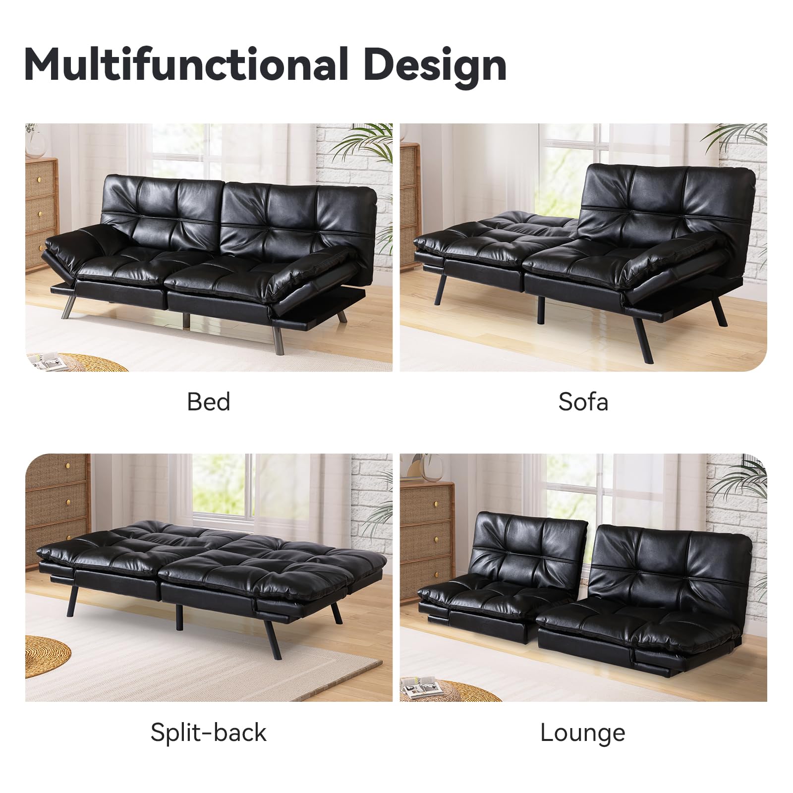 Hcore Convertible Faux Leather Futon Sofa Bed Couch,Memory Foam Futon Sofa Couch,Loveseat Sleeper Sofa Bed,Small Splitback Modern Sofa Bed for Living Room,Office,Apartment,Bright Black