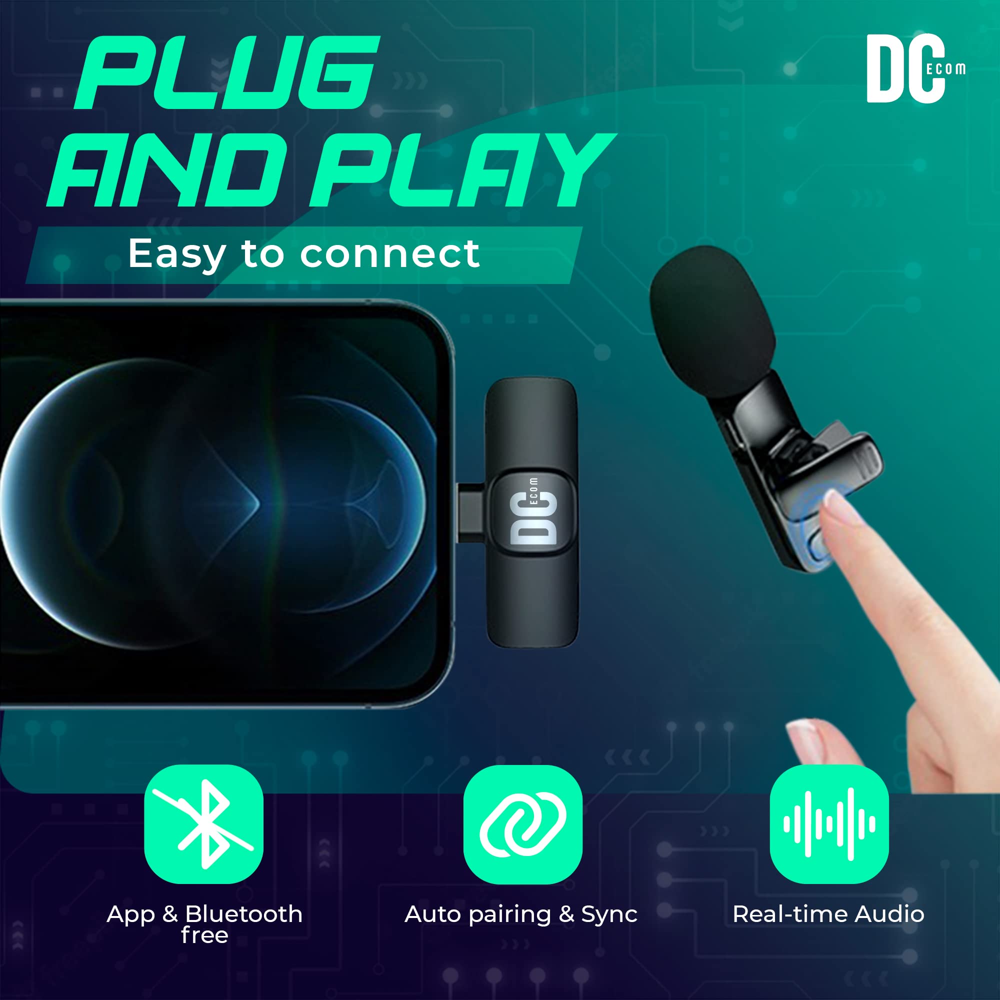 DCECOM Wireless Lavalier Microphones for iPhone/ipad, Auto-Sync Lapel Microphone for Facebook, YouTube,TikTok,Video Recording,Vloggers, Noise Reduction Microphone