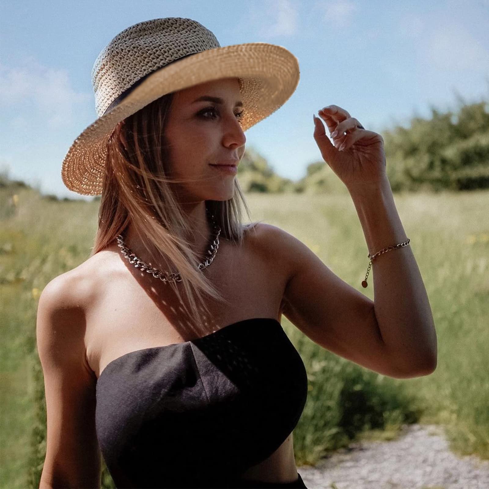 Cyiecw Beach Straw Hats for Women Floppy Summer Sun Hat Fashionable Wide Brim Cap UV UPF5 Travel Hats Packable Cotton Light Brown Khaki