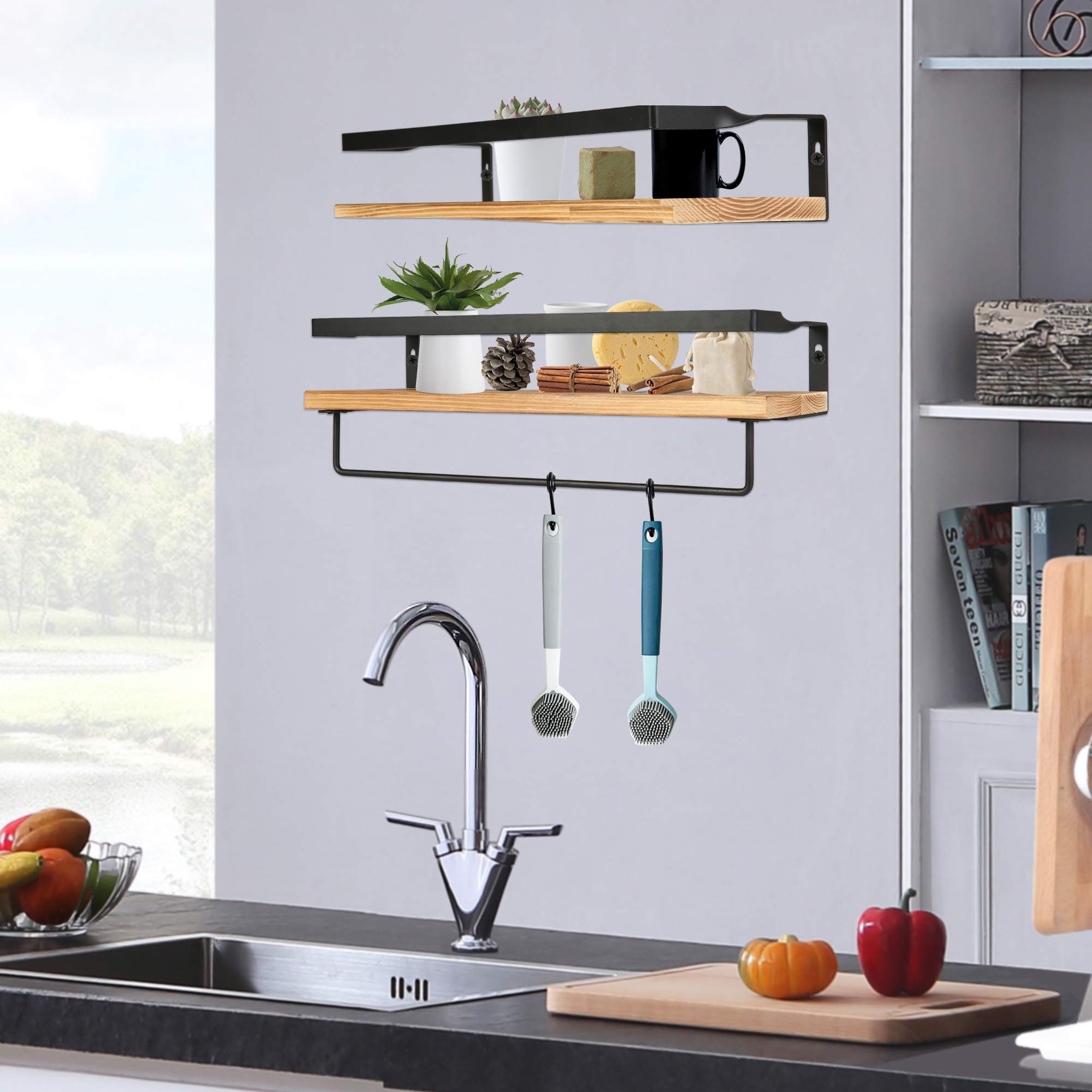 LONABR Floating Wall Shelves Rustic Floating Shelf for Bathroom Kitchen with Removable Towel Bar|Easy to Install, Decoration and Storage|Set of 2 Brown (Set of 2)