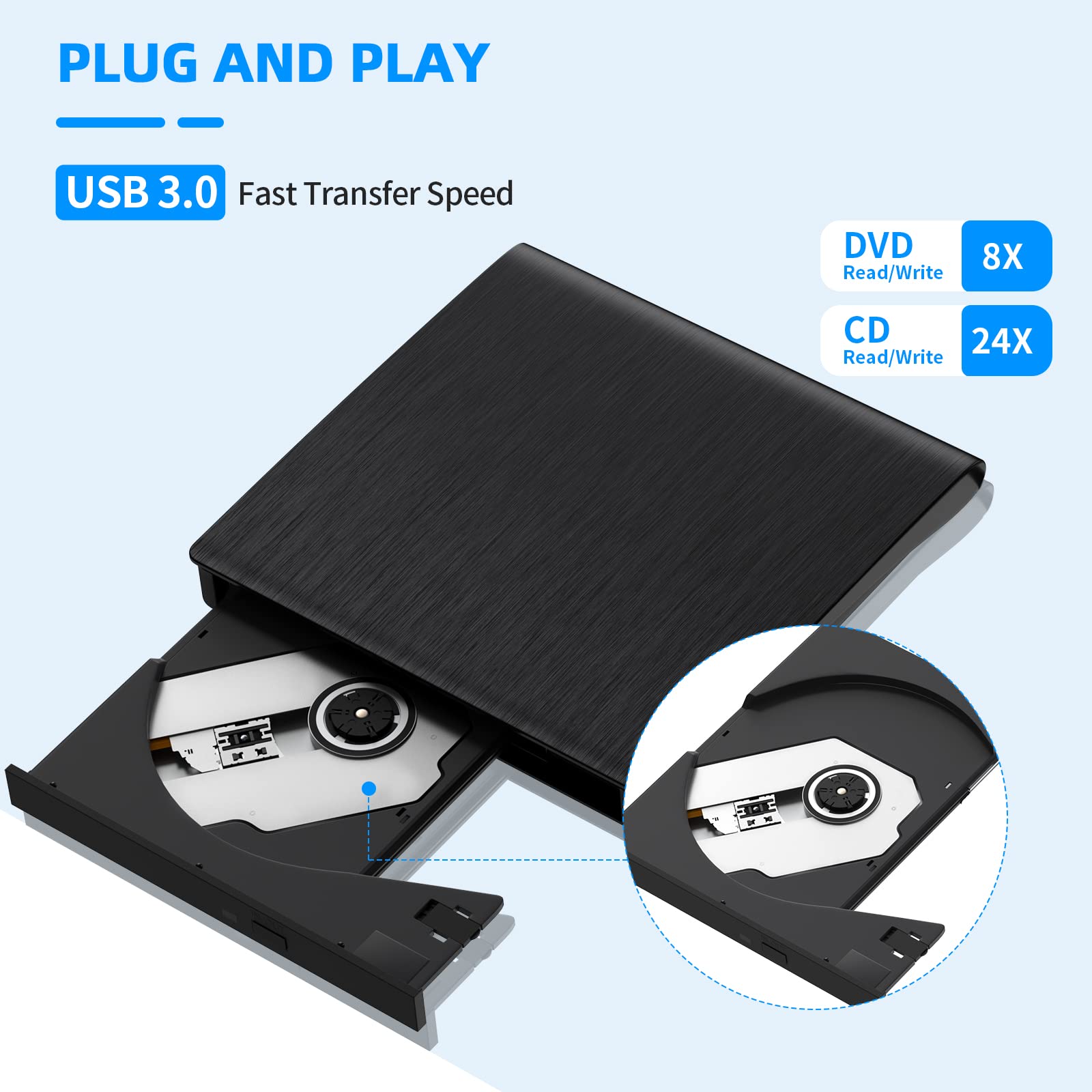 FEUHAISHI External DVD Drive, External DVD/CD ROM Writer for Laptop or Desktop, USB 3.0 Slim Portable CD DVD +/-RW Optical Drive Compatible with Windows XP/7/8/10, Mac OS, Linux