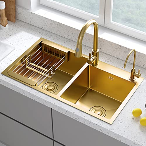 Gold Kitchen Sink, Double Bowl Bar Sink, 304 Stainless Steel Nano-Coated, with Gold Sink Stopper and Drain Strainer, Drop-In or Undermount, 29.5β x15.7β