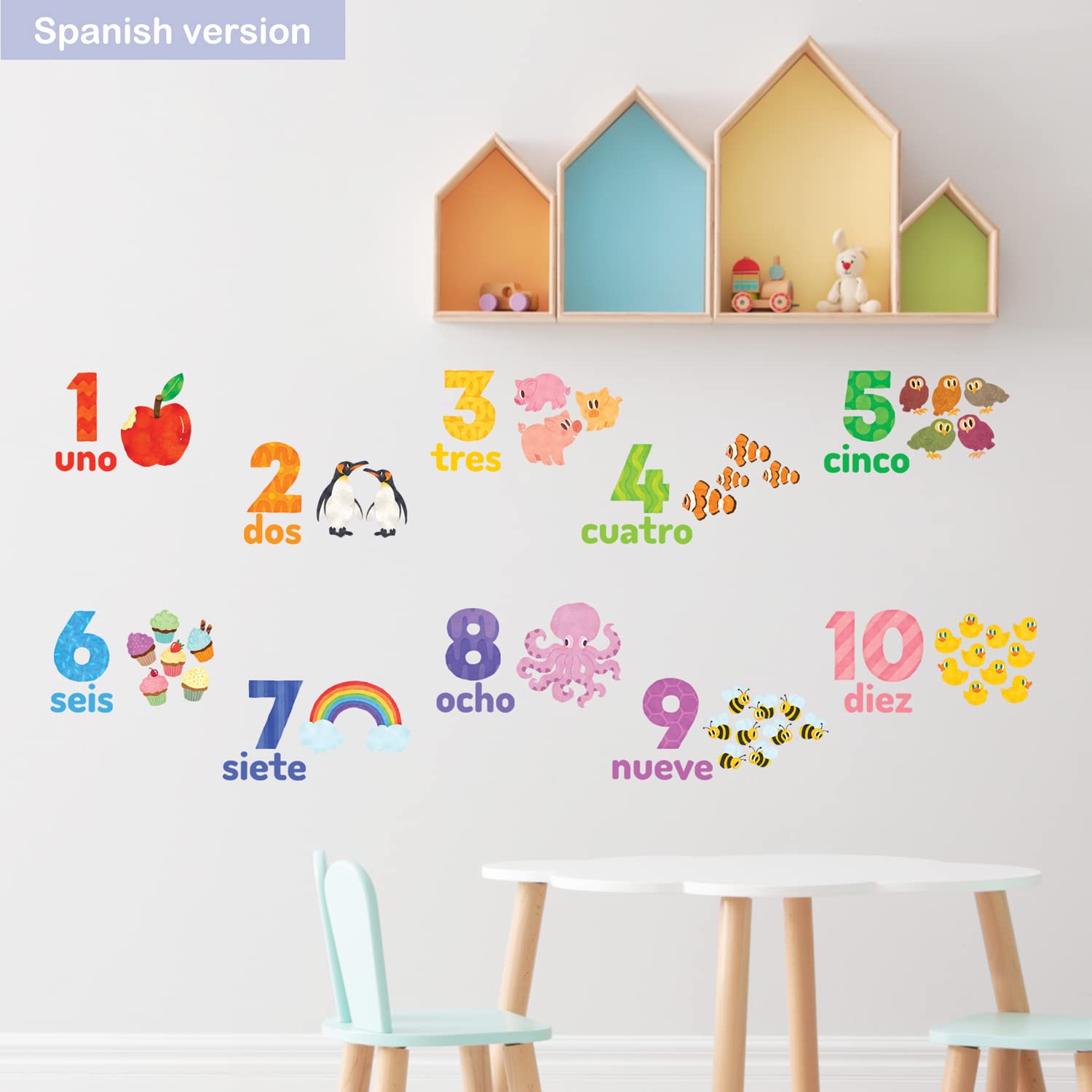 DECOWALL DS-2020ES Numbers Spanish + English Wall Decals Stickers Peel and Stick Removable Wall Stickers for Kids Nursery Bedroom Living Room