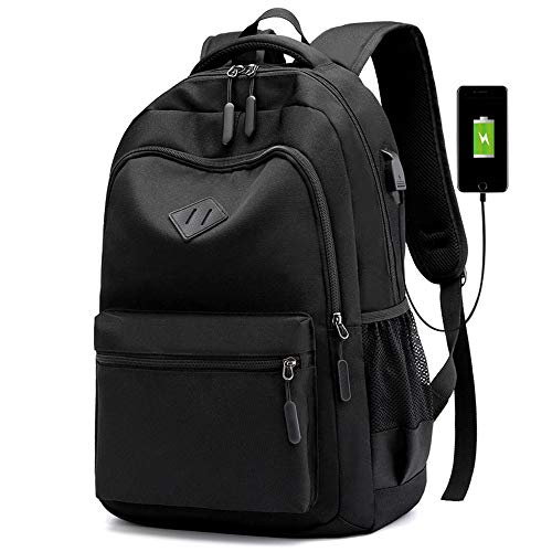 Large Black Waterproof Oxford Rucksack Business College Travel Laptop Backpacks with USB Charging Port Casual Daypack