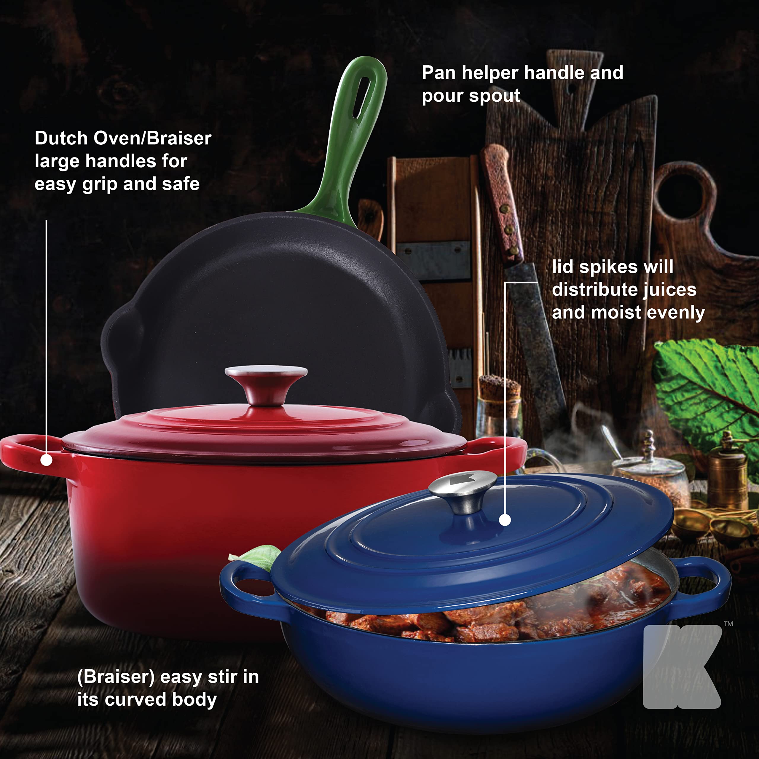 Enameled Cast Iron Cookware Set - 5 Pieces Solid Colored Braiser Dish, Fry Pan, & Dutch Oven Pot with Lids - Heavy Duty Non-Stick Kitchen Cookware Sets for Induction, Gas Stoves & All Cooktops