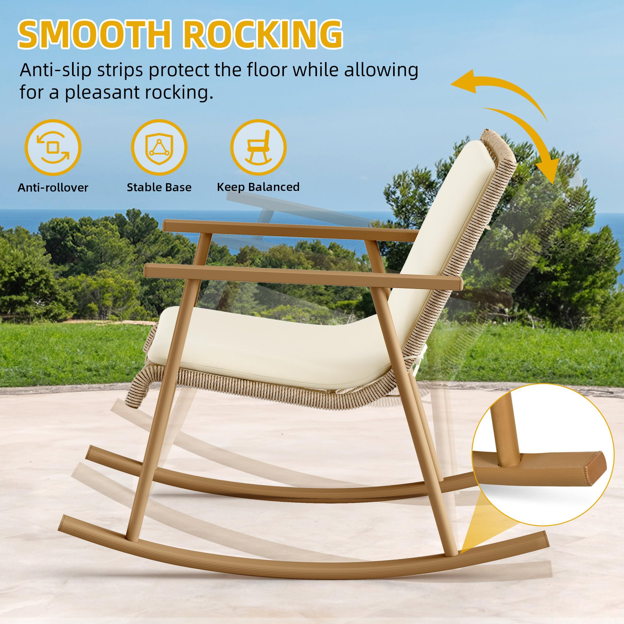 DWVO 3 Pieces Rocking Wicker Bistro Set, Patio Outdoor Conversation Sets with 2-Tier Coffee Table, Oversize Rattan Furniture Set for Garden Backyard Balcony, Beige