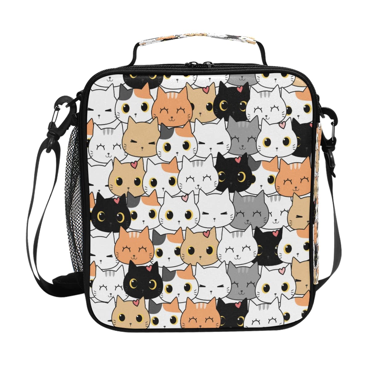 Cute Cats Kitten Pattern Lunch Bag Box Insulated Cooler Lunch Tote Bag Meal Organizer with Shoulder Strap for Women Girls Boys School