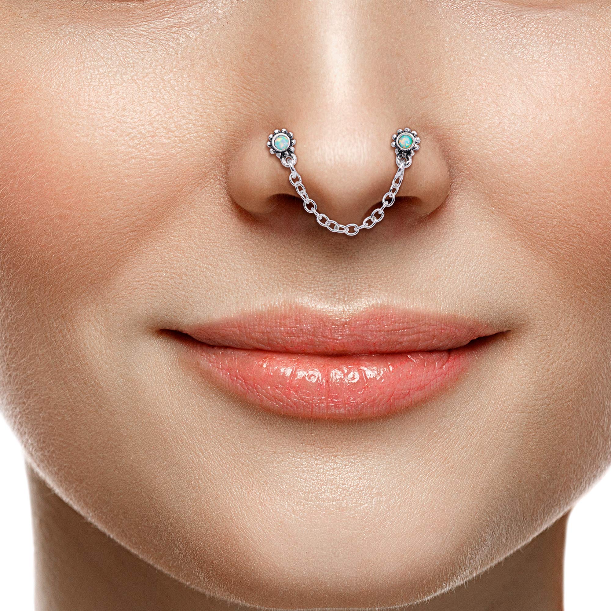 Body Candy 20G Steel Nose Ring White Synthetic Opal Chain Dangle Double Nose Bone Nose Stud Body Jewelry 6mm