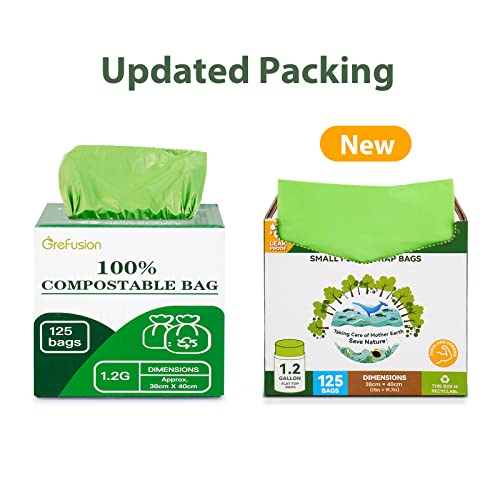 GreFusion Compostable Bags for Kitchen Compost Bin 1.2 Gallon,125 Count,Compost Food Scrap Waste Bags Fits 0.75,1,1.2,1.3 Gallon Countertop Bin,Compost Bags Certified by BPI,ASTM D6400 and OK Compost