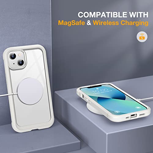 Miracase Glass iPhone 13 Case 6.1 inch, 2023 Upgrade Full-Body Clear Bumper Case with Built-in 9H Tempered Glass Screen Protector for iPhone 13,Rice White