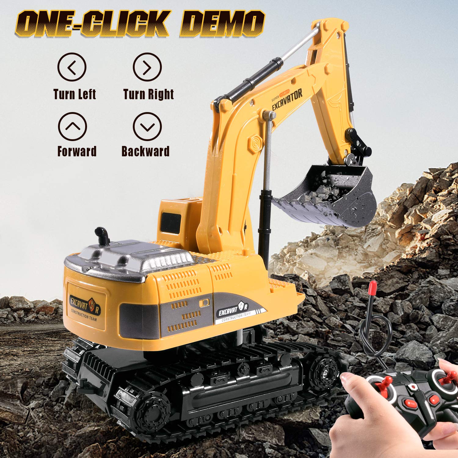 Urabiu Remote Control Toy Excavator Truck Fully Functional Children Toy Rechargable Simulated Sounds Engineering Sand Digger Construction Vehicle Toy Gift for Toddlers