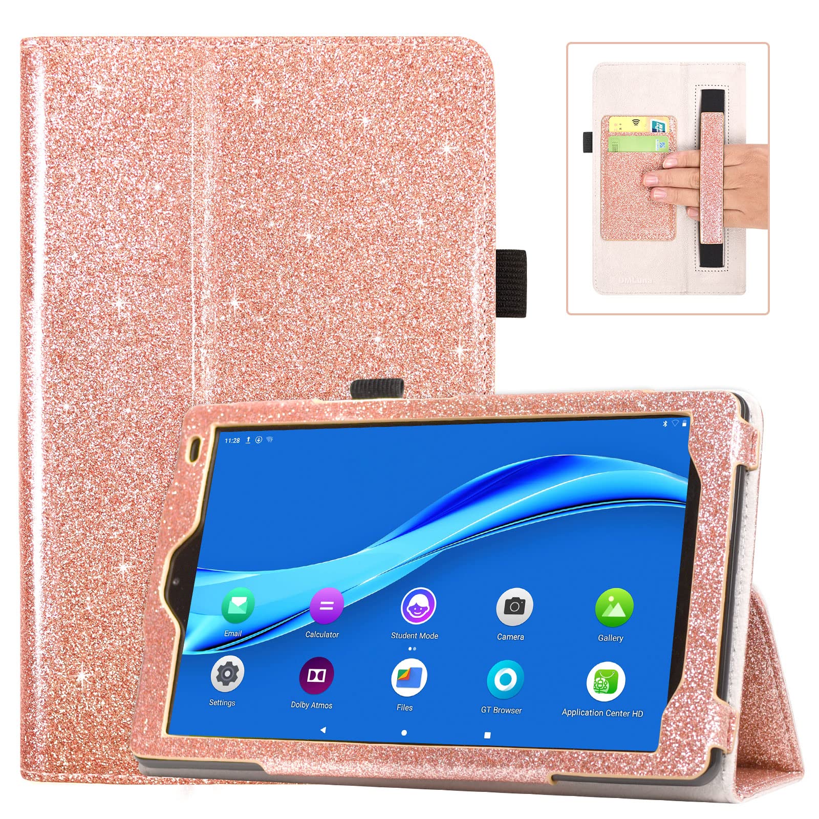 DMLuna Case for Moxee Tablet 2 8 Inch (Model: MT-T8B22) 2022 Release, Folio Premium PU Leather Cover with Hand Strap/Card Holder, Glitter Rose