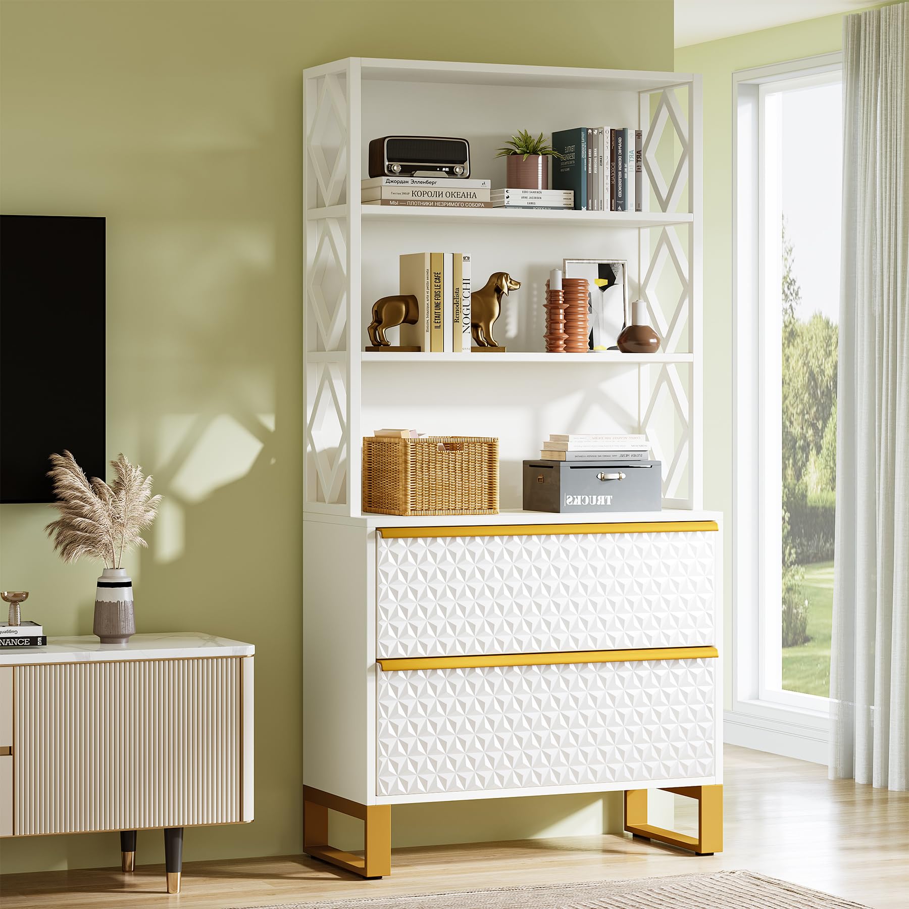 Tribesigns 4-Tier Bookshelf with 2 Drawers, 71" Tall White and Gold Bookshelf with Open Shelves & Drawer, Modern Bookcase Display Book Shelf Organizer for Bedroom, Living Room, Home Office
