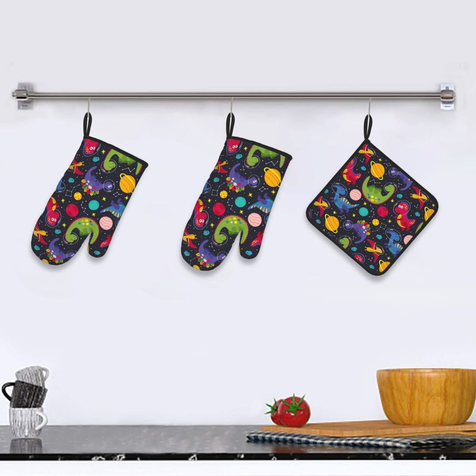 Cute Dinosaur in Space Oven Mitts and Pot Holders Heat Resistant Anti Scald for Kitchen Cooking Baking Grilling Sets of 3