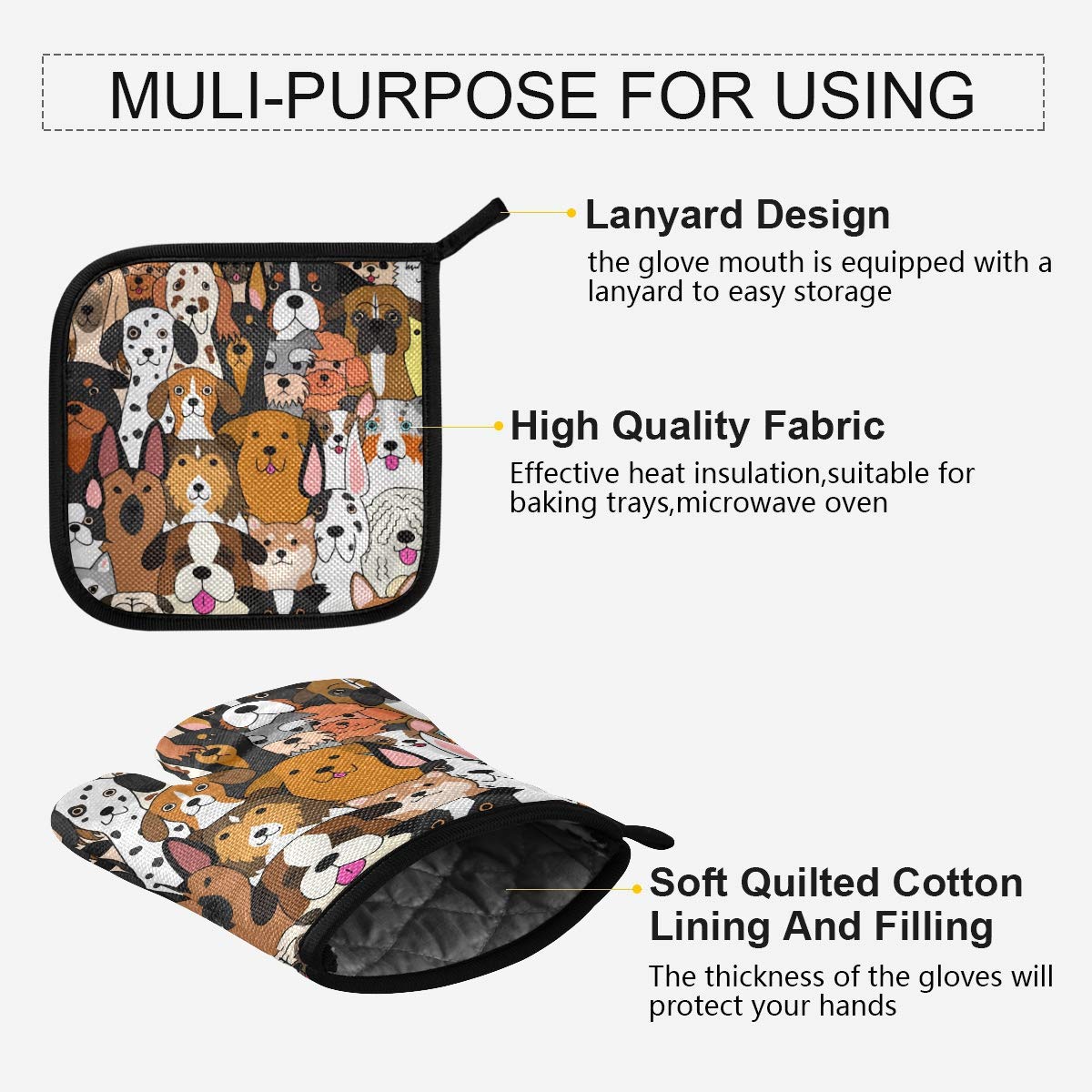 Cute Doodle Dog Print Animal Oven Mitts and Pot Holders Sets Heat Resistant Kitchen Oven Gloves Potholder for Cooking Baking Grill