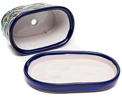 Enchanted Talavera Mexican Talavera Ceramic Succulent Pot Mini Flower Planter Cactus Bonsai Pot W/Drainage & Drip Dish Home Garden Office Desk Décor Gift Set (Peacock)