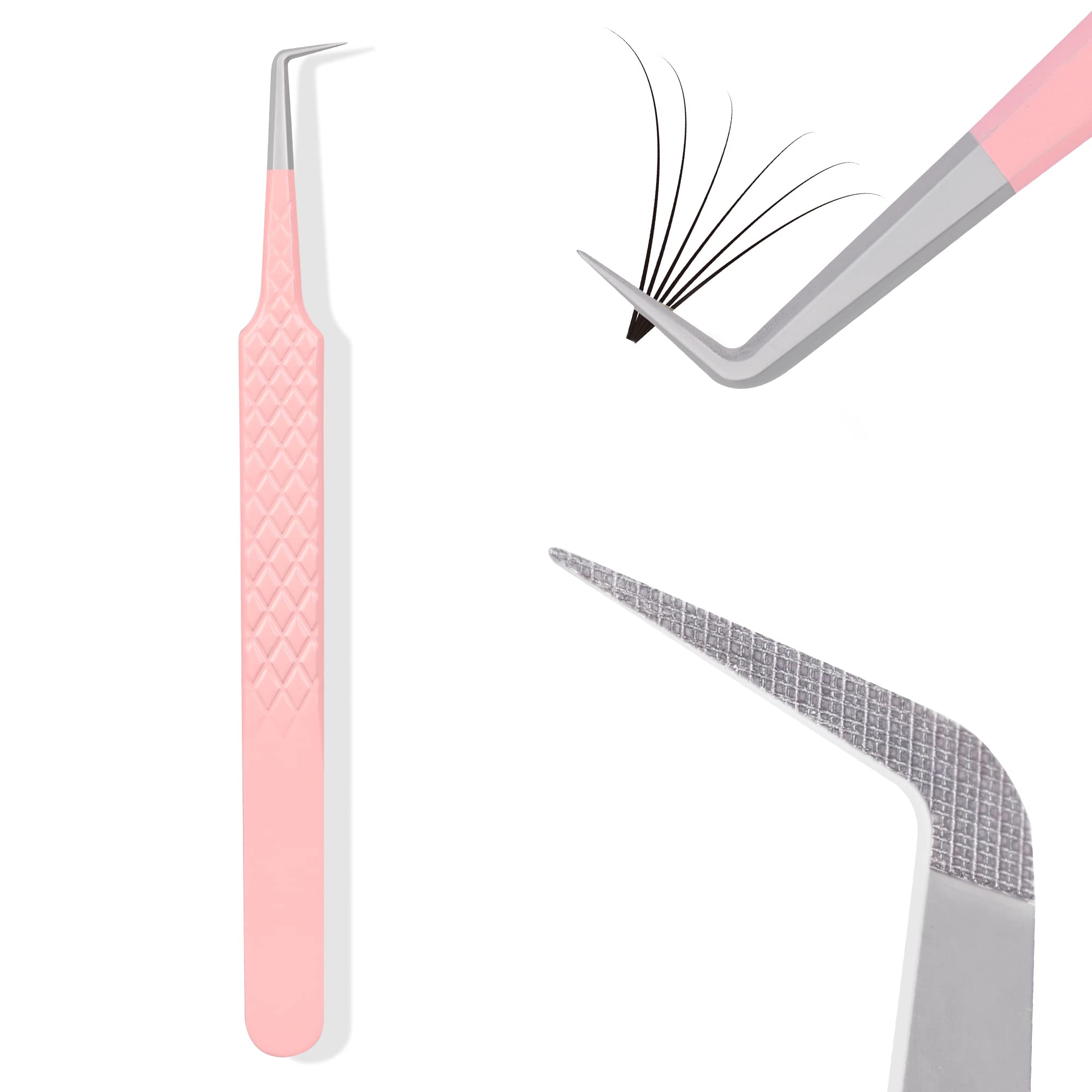 Fiber Tip Lash Tweezers for Eyelash Extensions, Professional Stainless Steel Lash Extension Tweezers for Volume Fan, Precision Supplies Work Best Tool(90 Degree)