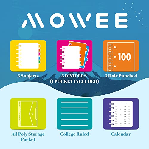 MOWEE Spiral Notebook - 5 Subject Notebook, College Ruled Notebook 3-Hole Punched With Dividers, Storage Pockets, 11" Ruler, 200 Pages, for Writing Journal, Home &Office, School Supplies, 8.1''x11.7''(Black)