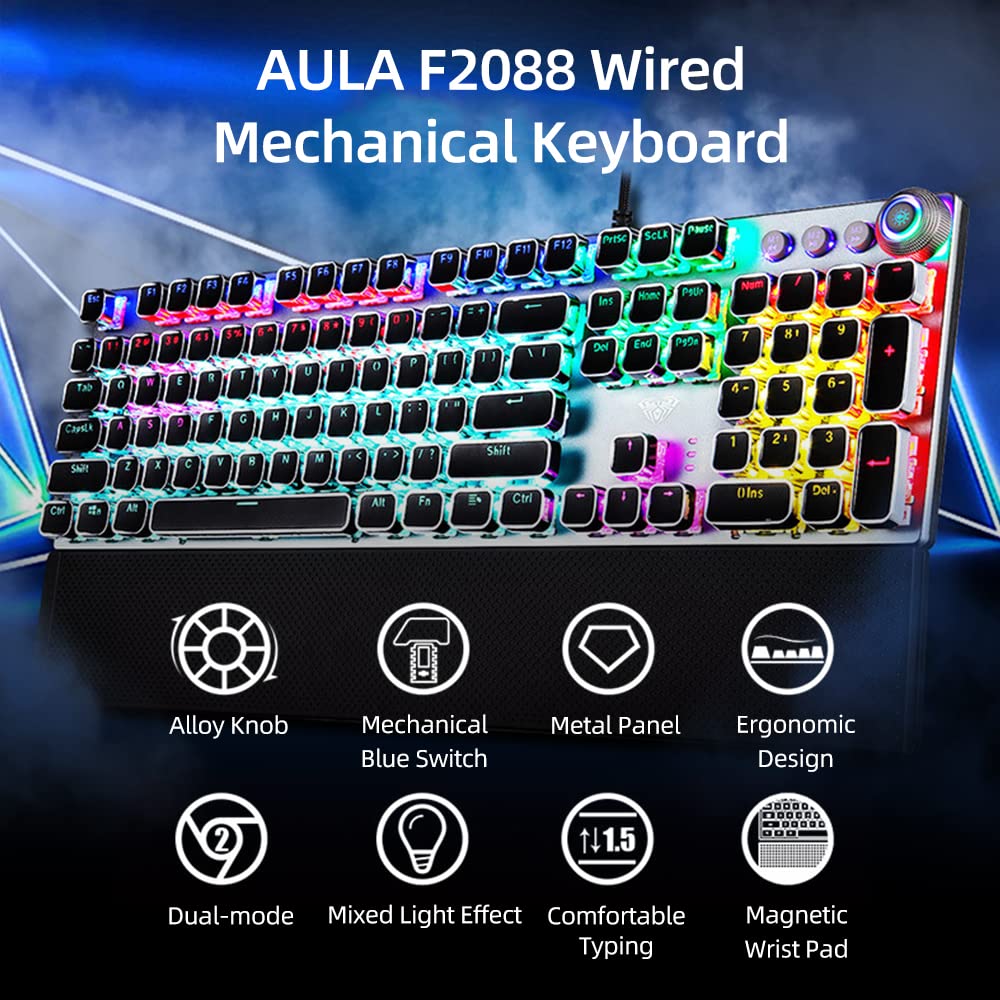 Docooler Wired Mechanical Keyboard 104 Keys Blue Switches Gaming Keyboard with 22 Mixed Light Effect, Multimedia Buttons, Metal Panel and Magnetic Suction Wrist Rest