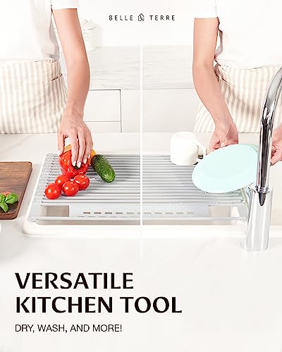Large Dish Drying Rack for Kitchen Sink - Over Sink Dish Drying Rack to Dry Dishes & Drain Items - Modern & Stylish Dish Rack Set with Extra Side Tray - Space-Saving Roll-Up Counter Drainboard - Grey