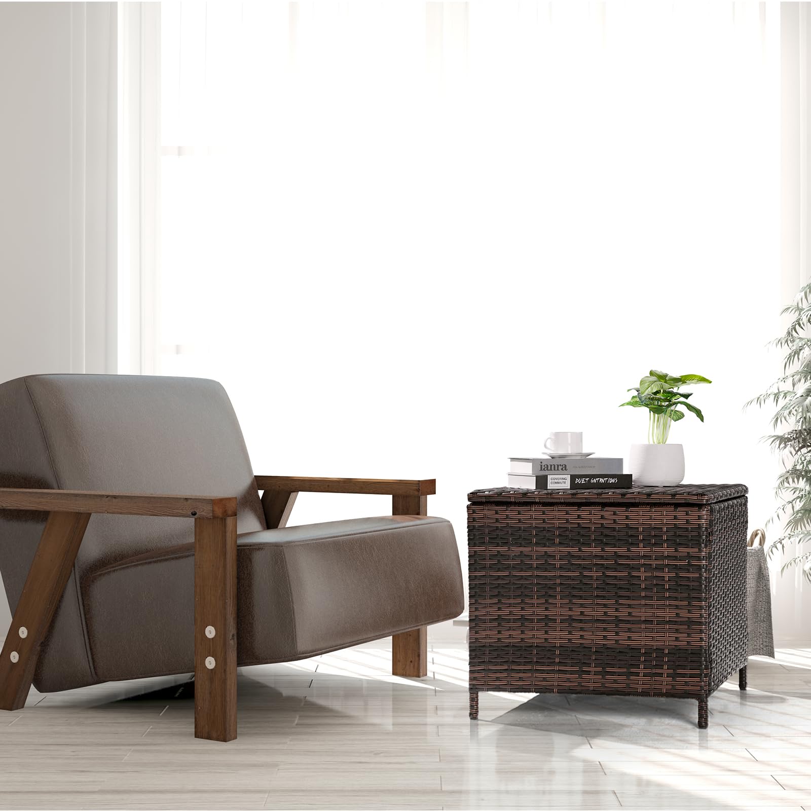 VINGLI Outdoor Side Table with Storage, 13-Gallon Storage Box Outdoor Wicker Side Table for Patio Storage Table (Trapezoidal), Middle, Brown
