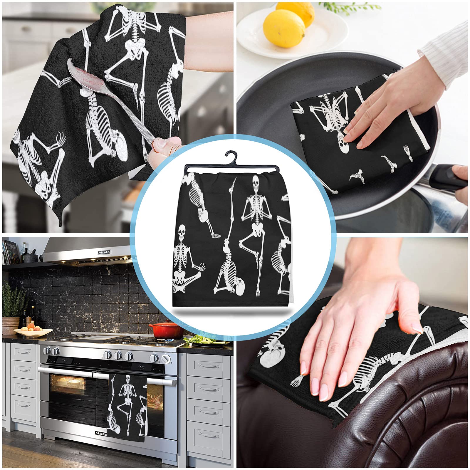 Chic Decor Home Halloween Kitchen Towels Funny Skeleton Yoga Tea Towel Microfiber Absorbent Washable Black White Soft Hand Dish Towel Cleaning Cloth,18 x 28 Inch (WXH-210715-SWHH04529WJGBCDH)